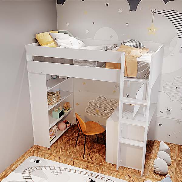 High loft bed with front ladder and integrated 2 drawer work desk